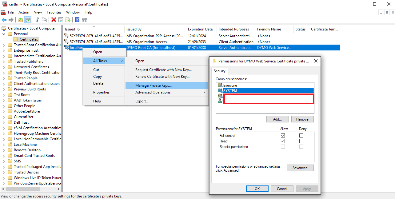 Provide permissions to non-admin users for DYMO Connect Web Service